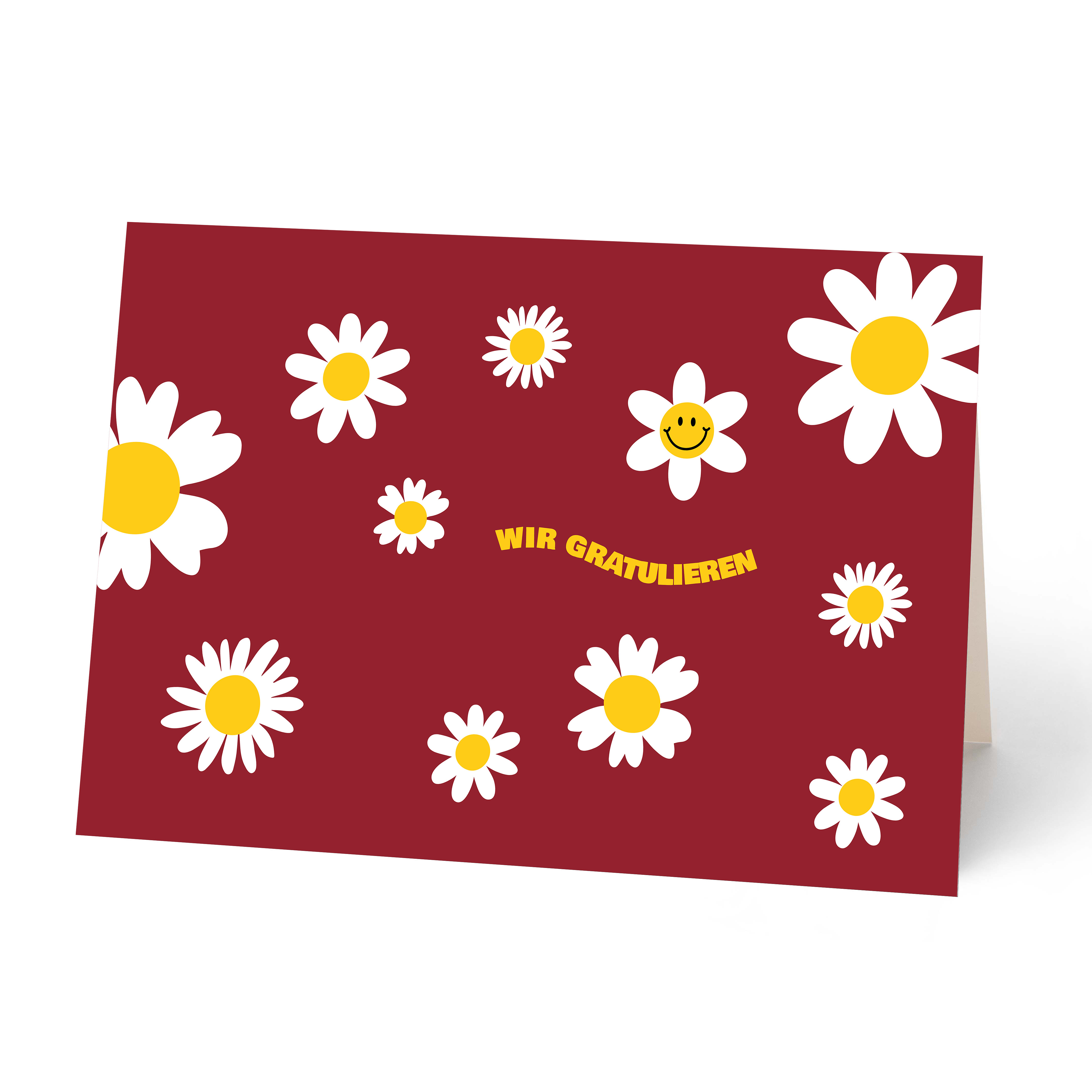 Glückwunschkarte mit Gänseblümchen auf einem roten Hintergrund ...