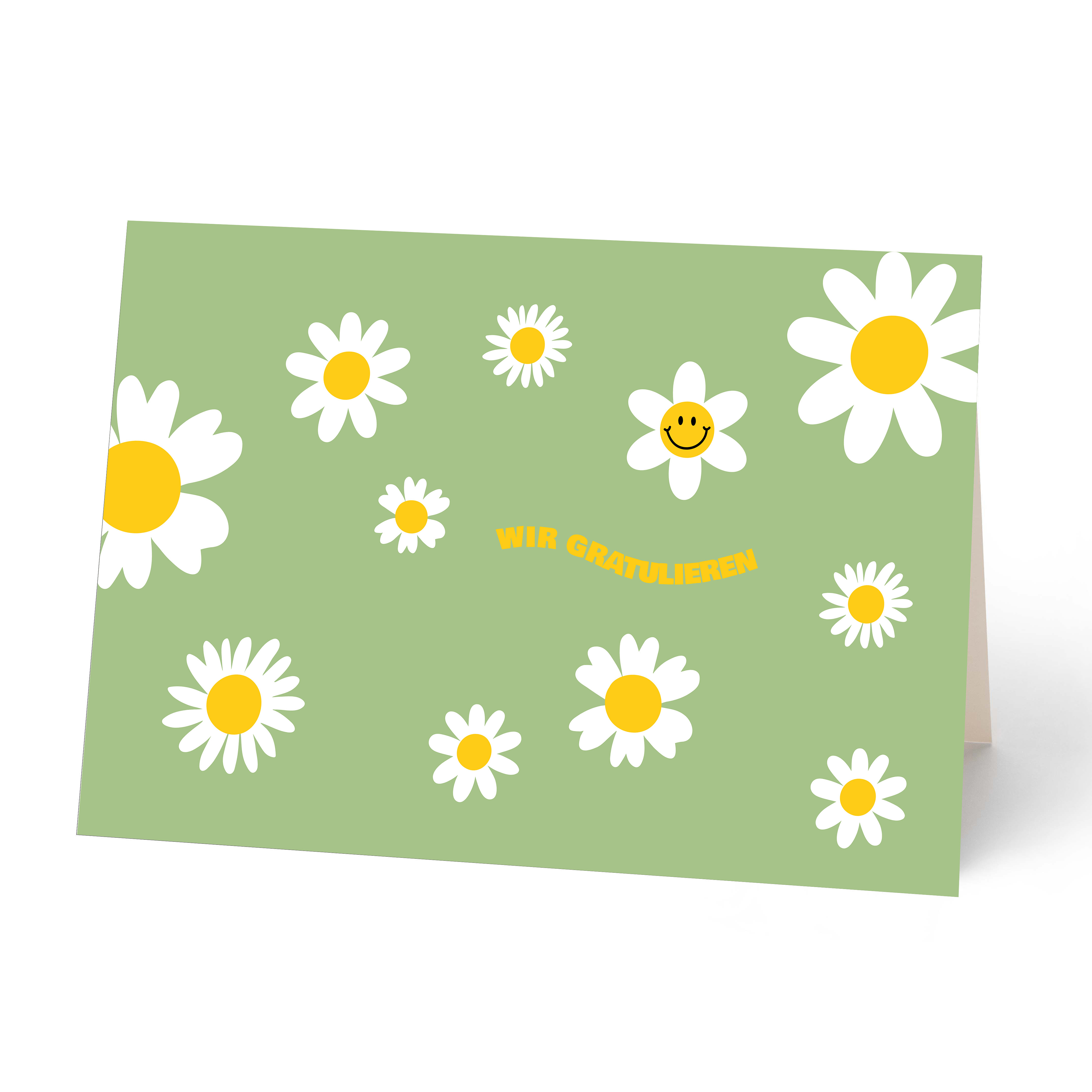 Glückwunschkarte mit Gänseblümchen auf einem hellgrünen Hintergrund ...